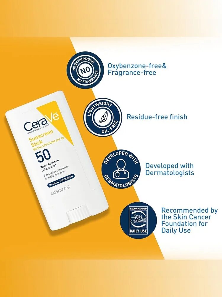 Cerave Солнцезащитный стик SPF 50, минеральный, 13.32 г