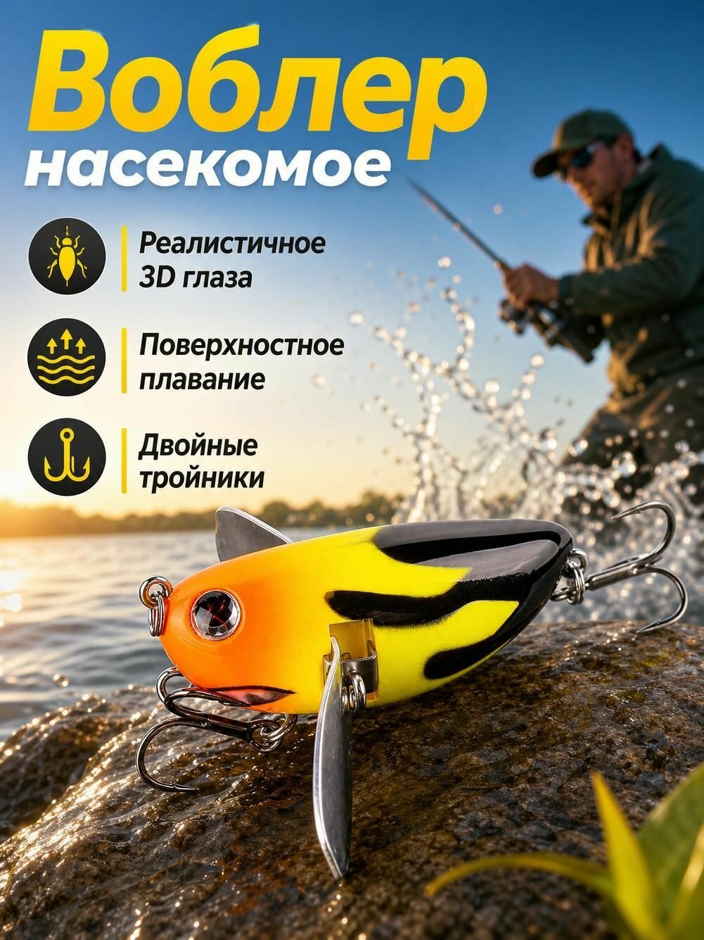 Воблер поверхностный Пчела 5.8см 12.5г, рыболовная приманка имитация насекомого на окуня и щуку, 1 шт.
