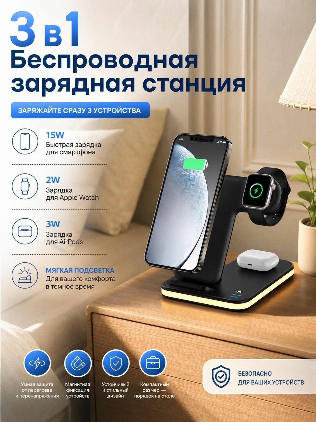 Беспроводная зарядка для IPhone / Беспроводная станция 3в1 с подсветкой / Подставка для телефона с зарядкой