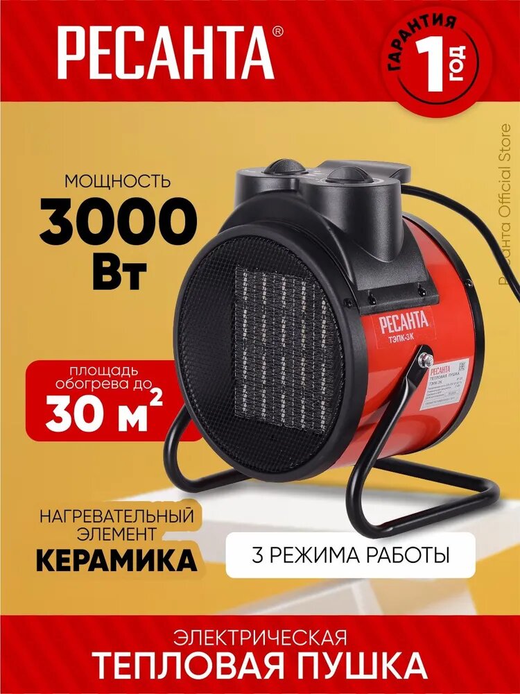 Тепловая пушка электрическая Ресанта ТЭПК-2000K, керамика, 2000 Вт (обогреватель для дома)
