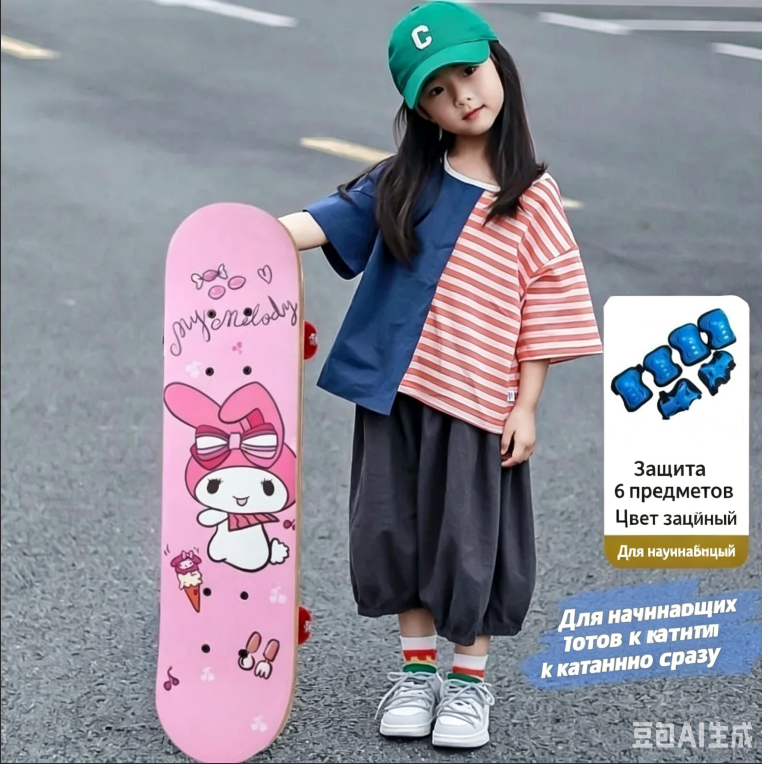 Скейтборд My Melody усиленный, размер 58×14 см, в комплекте 6 защитных накладок
