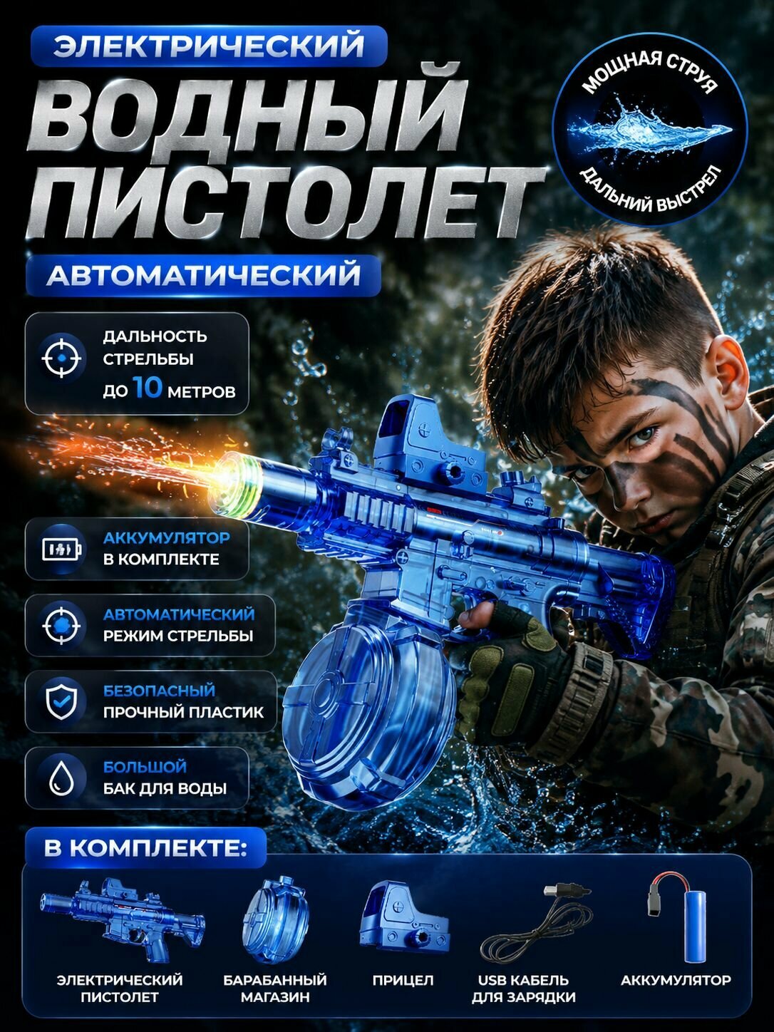 Водный пистолет электрический на аккумуляторе, игрушечное оружие/ водный бластер/ для детей
