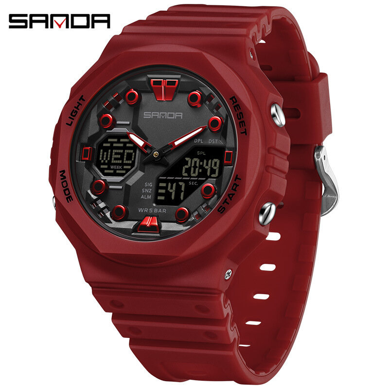 SANDA 6200 Красные цифровые наручные часы для студентов с прозрачным ремешком, водонепроницаемые, с функцией летнего