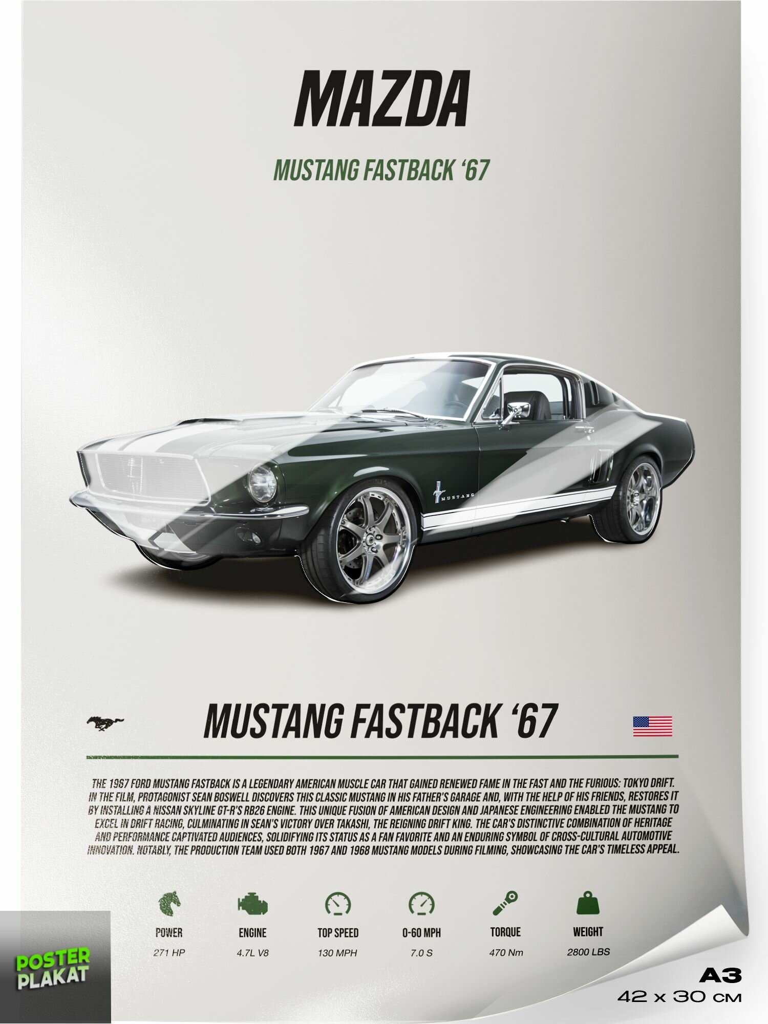 Постер на стену с машинами, Mazda Mustang Fastback 67, авто Мазда Мустанг, для интерьера, А3 (420х297 мм), Постер Плакат