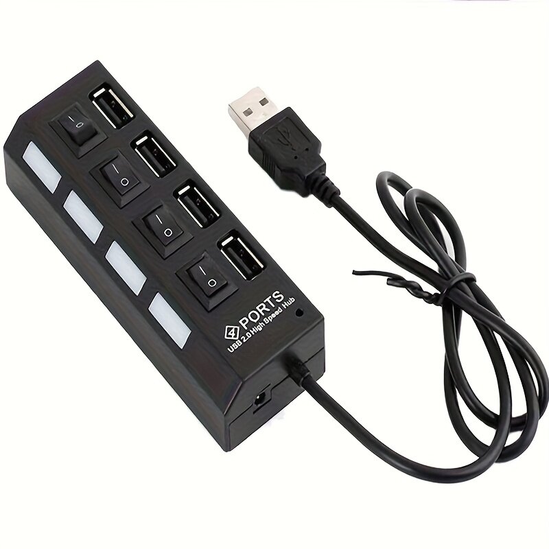 USB 2.0 Hub, 4 порта, черный, с LED-индикатором и выключателем, компактный дизайн для ПК и ноутбука