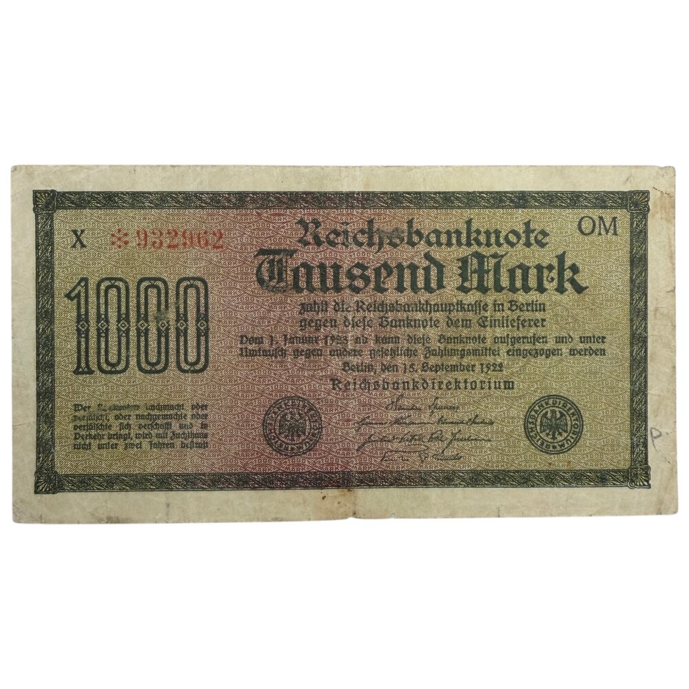Веймарская республика (Германия) 1000 марок 1922 г. (ВЗ - Волны, J) (Литера OM) (Серия X*)
