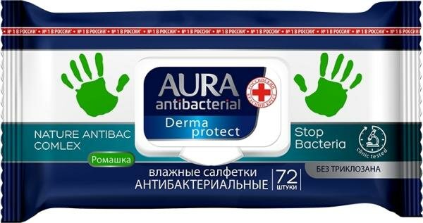 Влажные салфетки Aura Antibacterial Derma Protec Антибактериальные 72шт