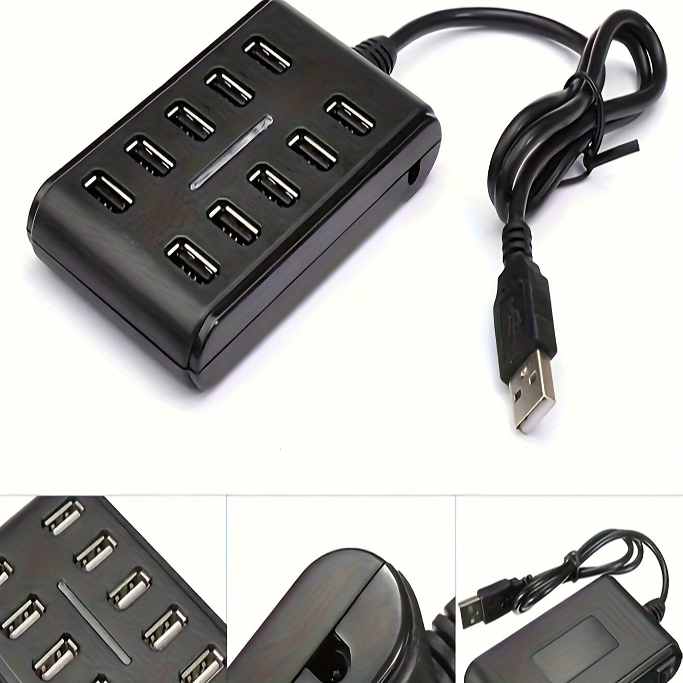 Портативный USB-хаб на 10 портов, двухрядный, с выключателем, из ABS-пластика, для дома и работы, черный