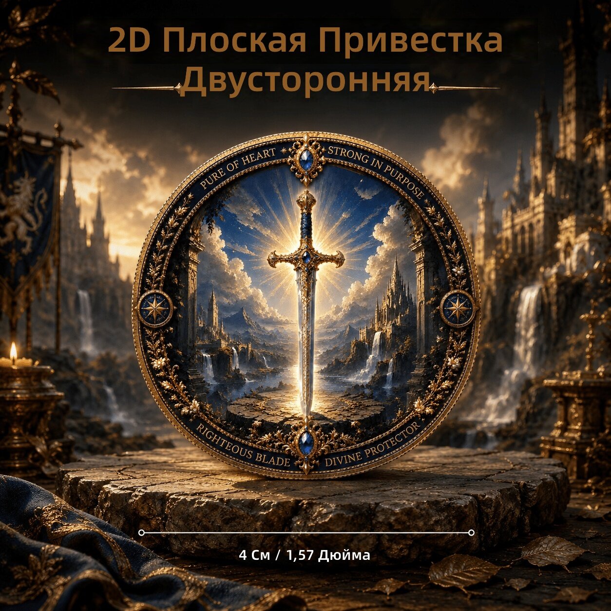 Монета-реплика "Меч правосудия", 2D, 1 шт, с изображением Святого клинка и Падшего клинка, монета-вызов, аксессуар для настольных игр, элемент декора, подарок, в защитном футляре, рыцарская тематика