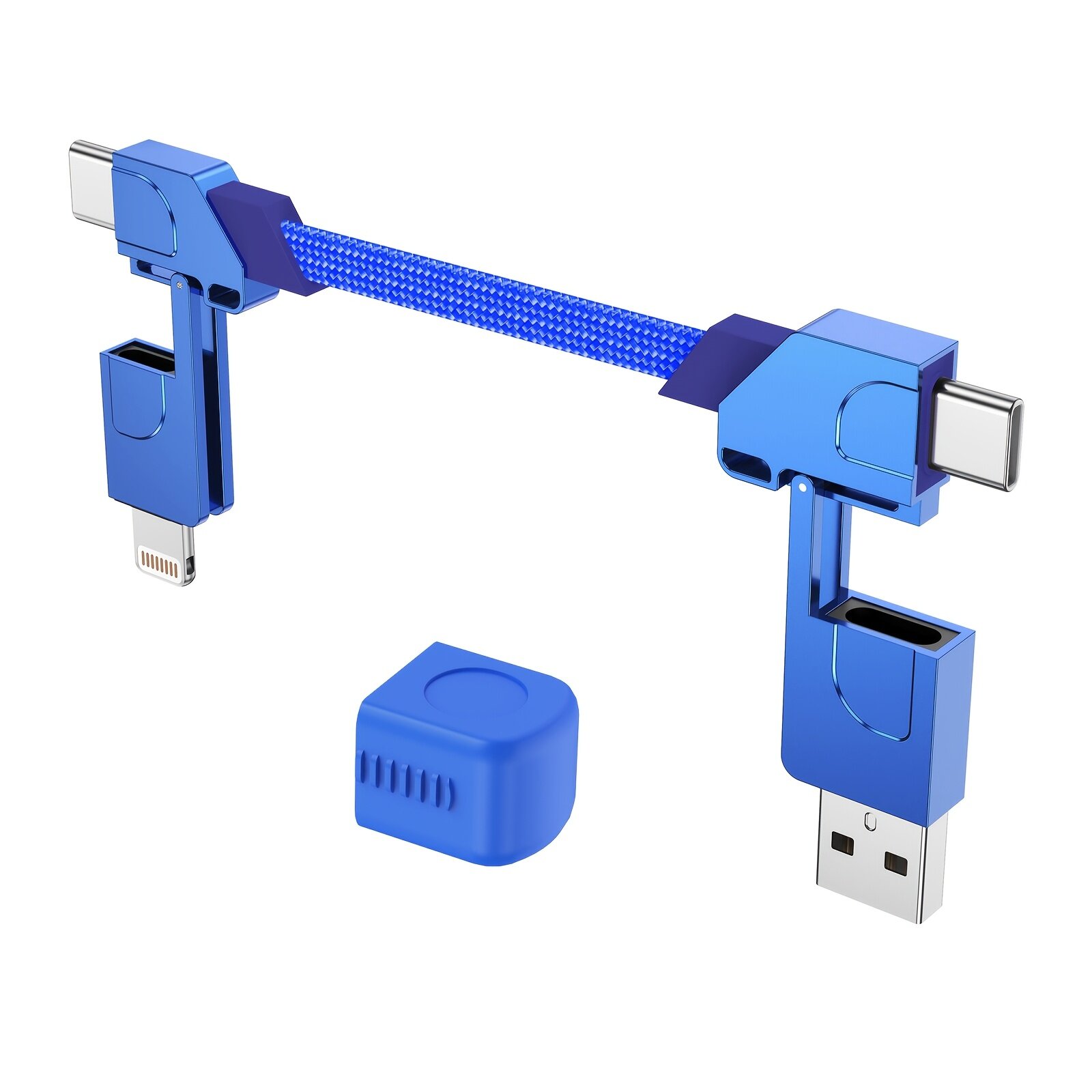 4-в-1 нейлоновый плетеный кабель для быстрой зарядки USB Type-C Lightning, 15 см, синий, для iPhone 17/16/15/13, Samsung, Xiaomi, Realme, Oppo, Vivo, Huawei, Honor, компактный дизайн для командировок и активного отдыха, поддержка передачи д
