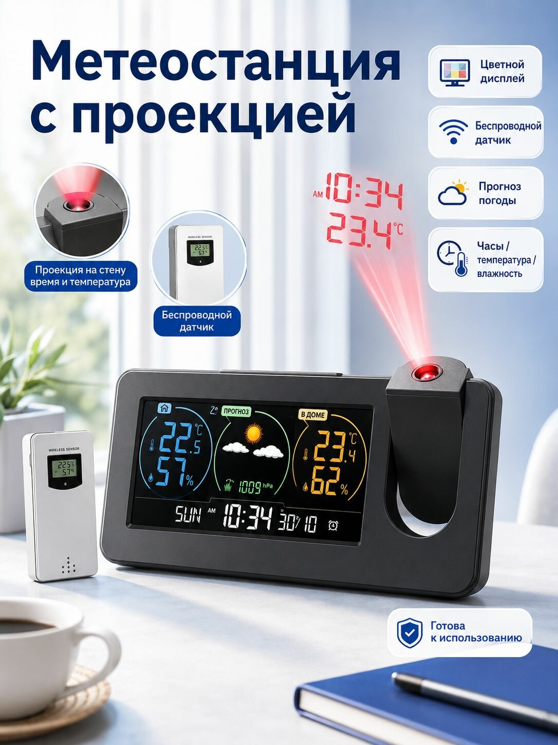 Электронные проекционные часы с метеостанцией. Черный/Метеостанция/цифровой будильник с цветным экраном