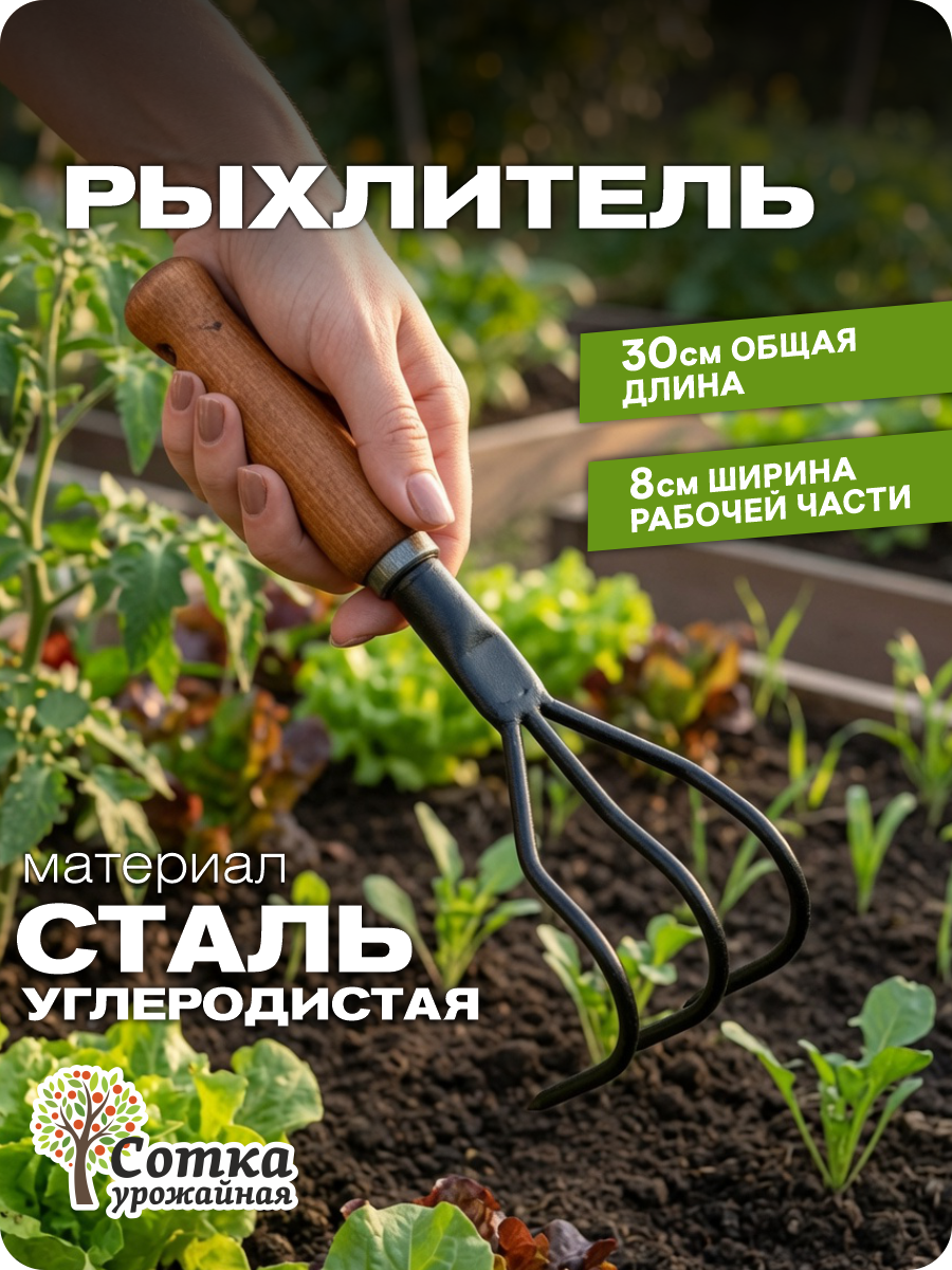 Рыхлитель садовый ручной 30 см "Урожайная сотка Эксперт", металлический с деревянной ручкой