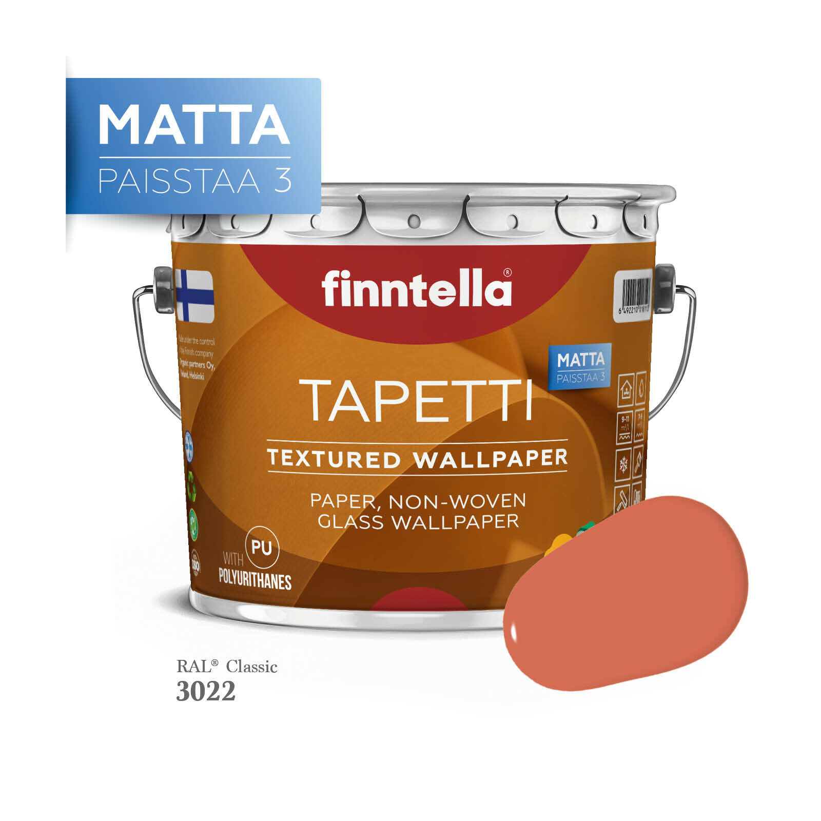 Матовая краска для обоев под окраску TAPETTI Matta FINNTELLA, Цвет RAL 3022 Лососево-красный (Salmon pink), 2,7л