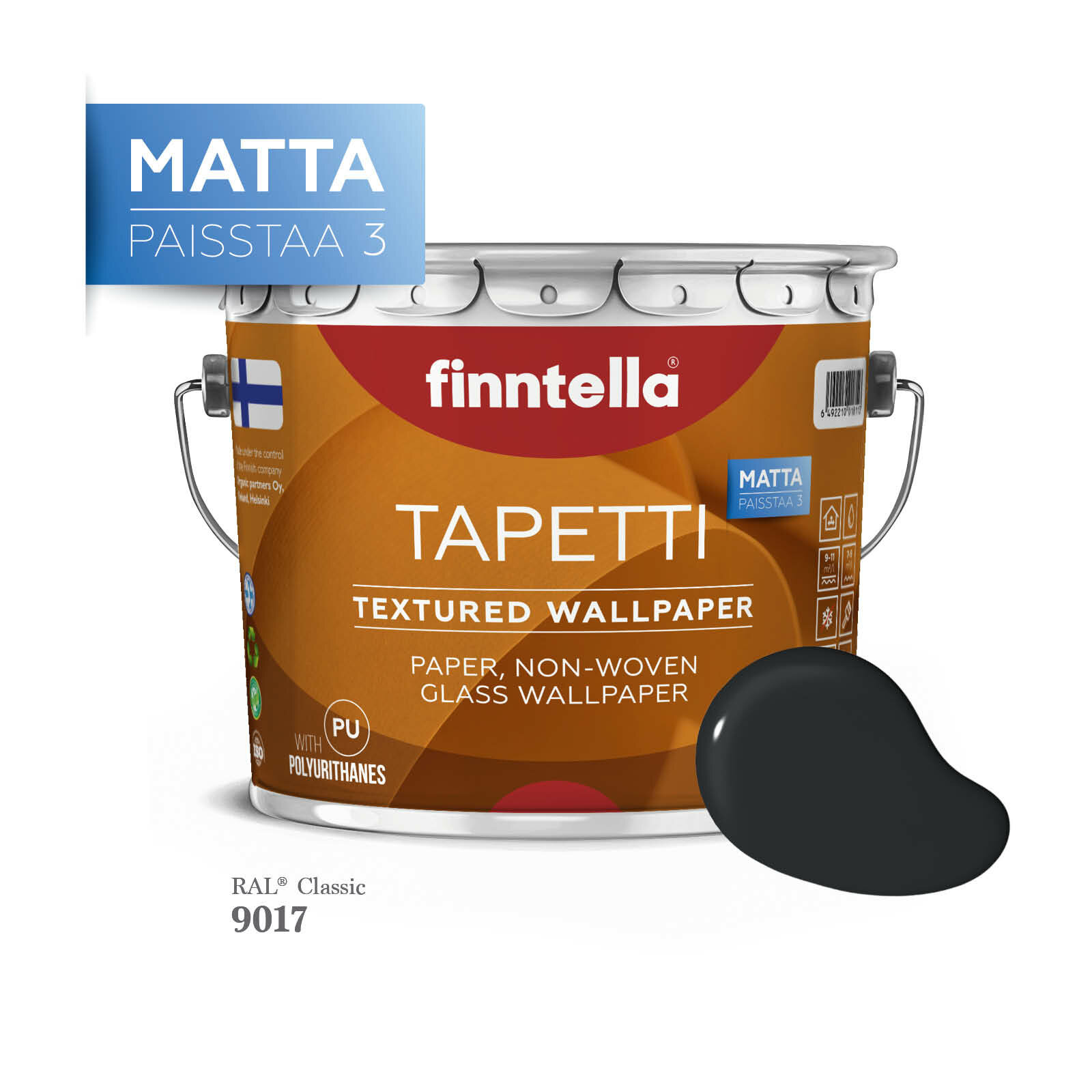 Матовая краска для обоев под окраску TAPETTI Matta FINNTELLA, Цвет RAL 9017 Транспортный черный (Traffic black), 2,7л