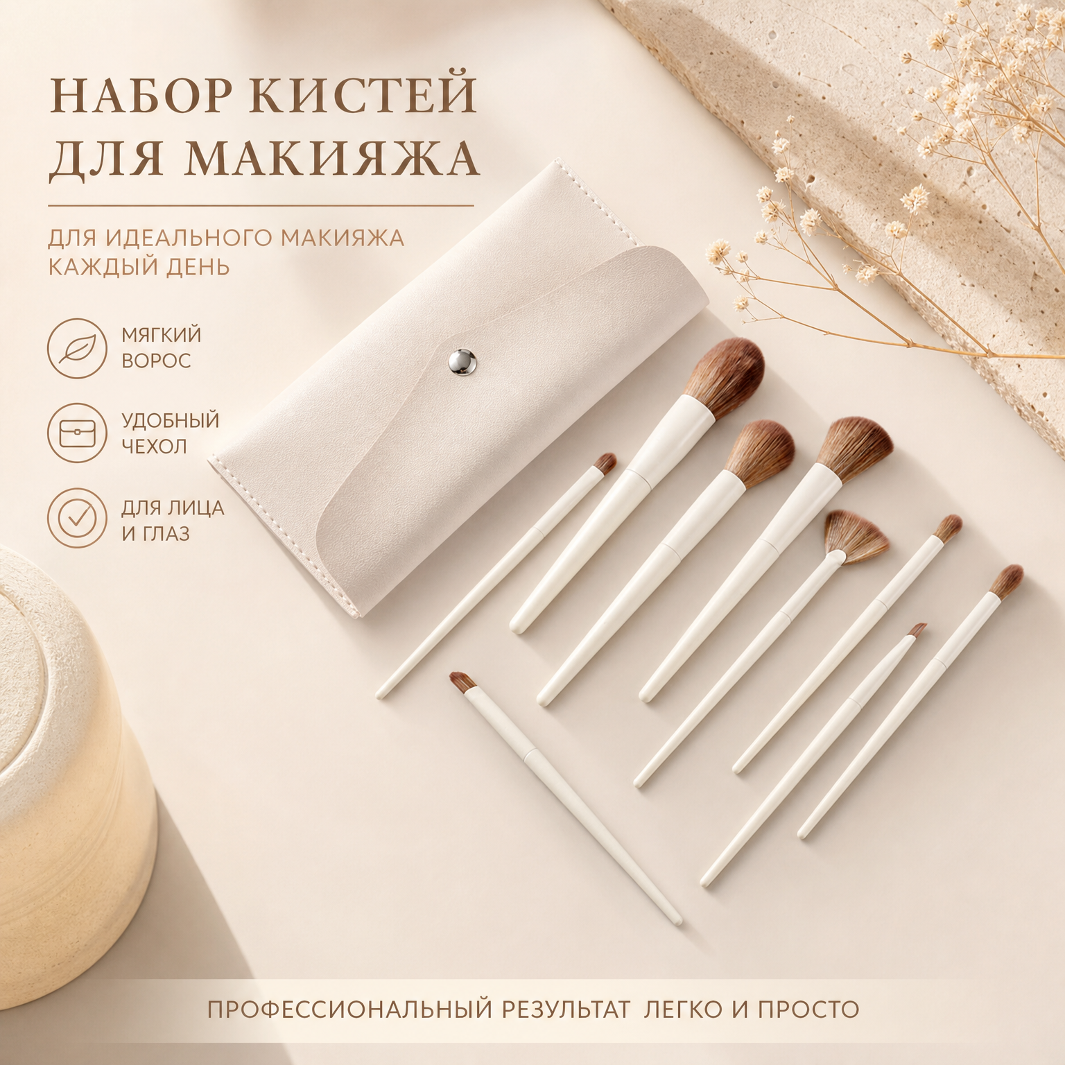 Набор профессиональных кистей для макияжа Store 71, 10 шт с мягким искусственным ворсом, подходящих для лица и глаз, в бежевой косметичке с удобным чехлом
