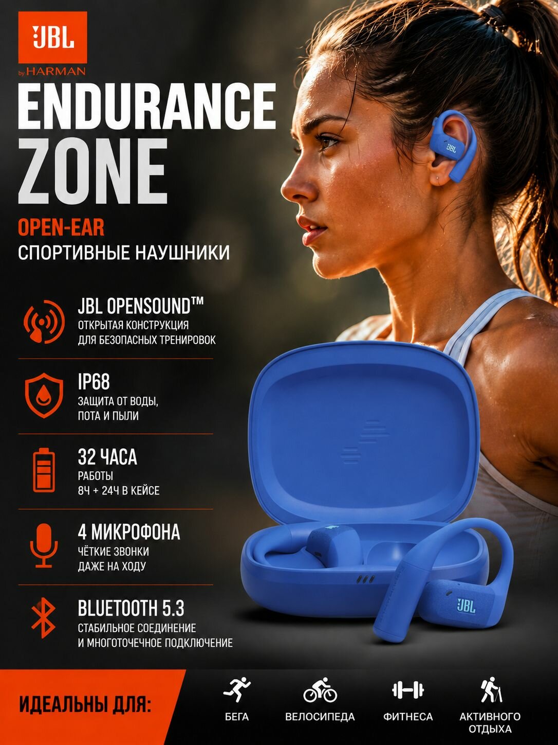 JBL Endurance Zone Беспроводные спортивные наушники Open-Ear Bluetooth 5.3 IP68 32 часа автономной работы с микрофоном