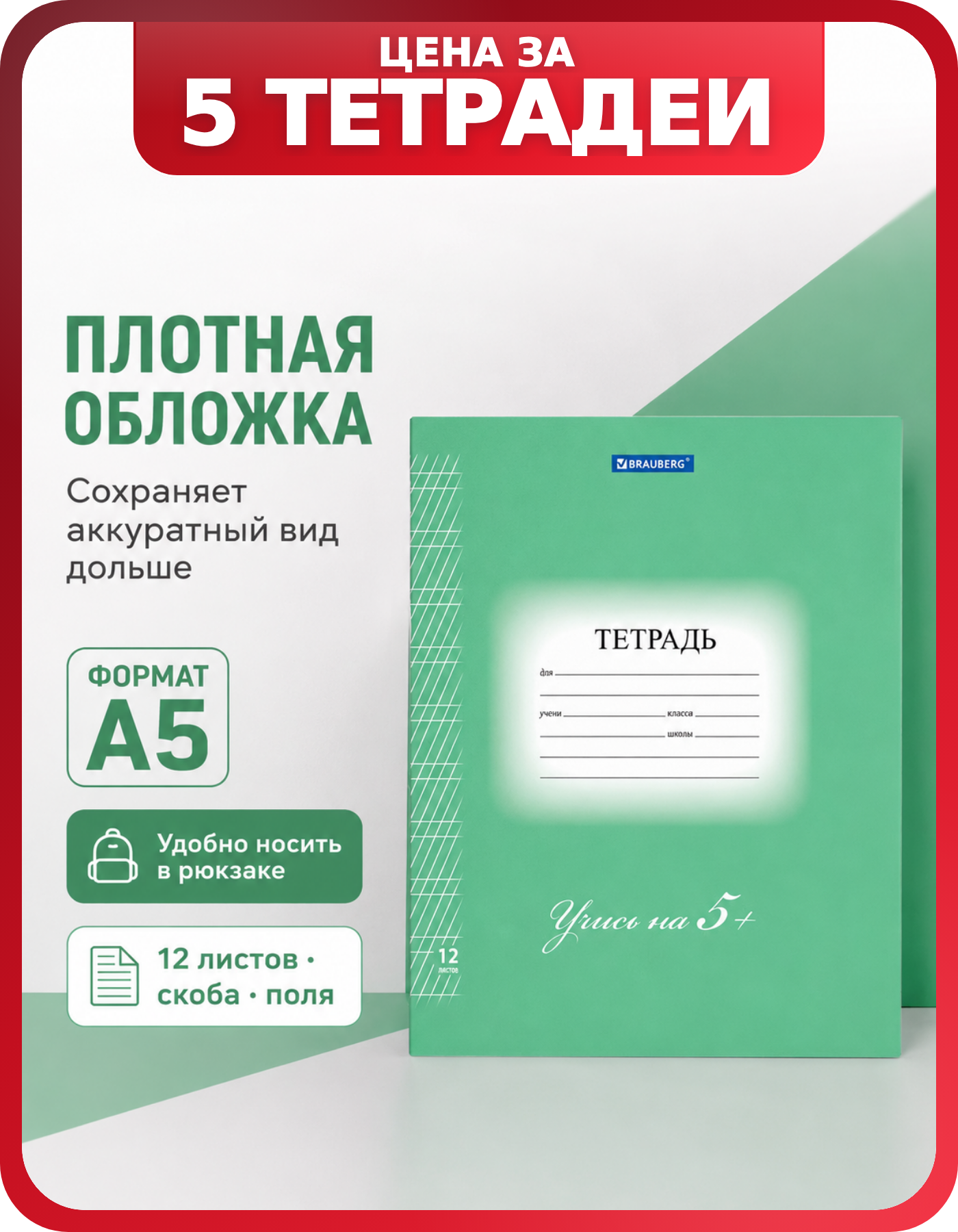 Тетради школьные BRAUBERG 12 листов, косая линия, 5 шт.