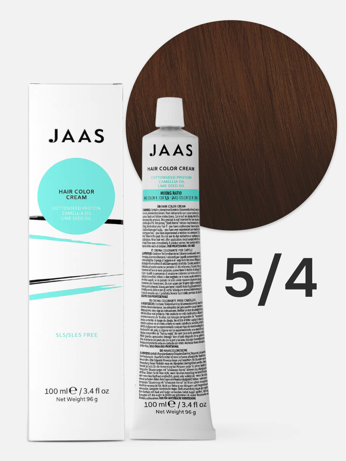 Крем - краска для волос профессиональная Jaas 5/4 Светлый каштановый Медный, 100 мл