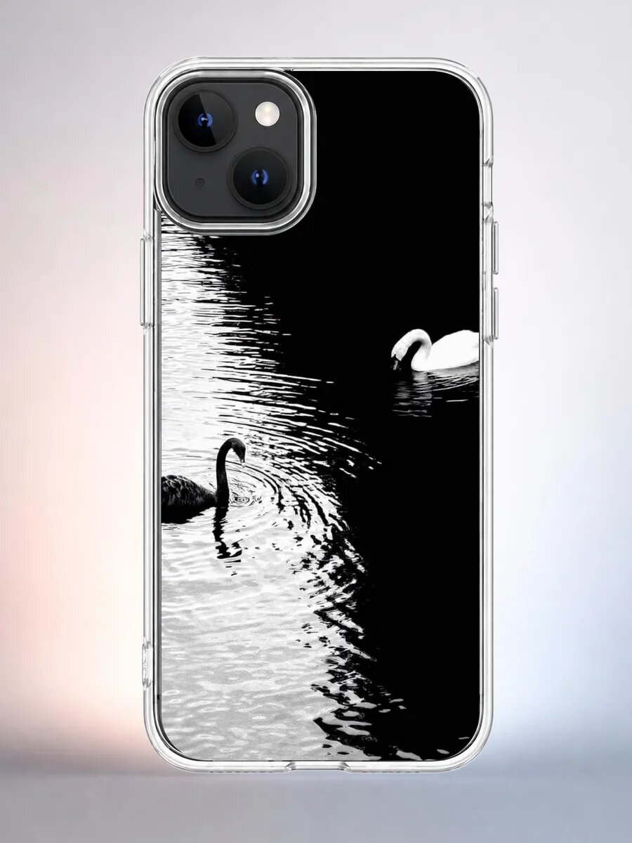 Чехол iPhone 14 чёрный лебедь силиконовый прозрачный