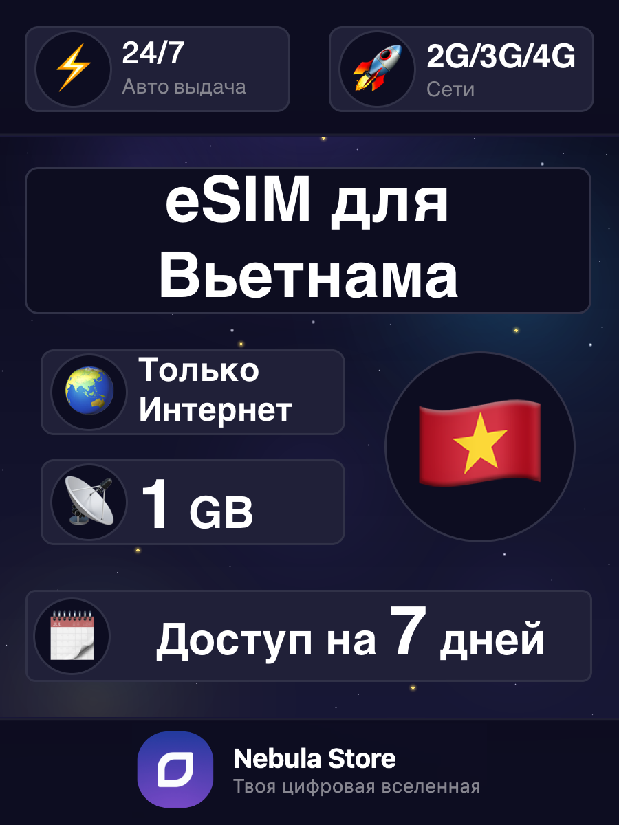 ESIM Вьетнам | Интернет | 1 ГБ на 7 дней | 4G | Для телефона и планшета - автовыдача 24/7