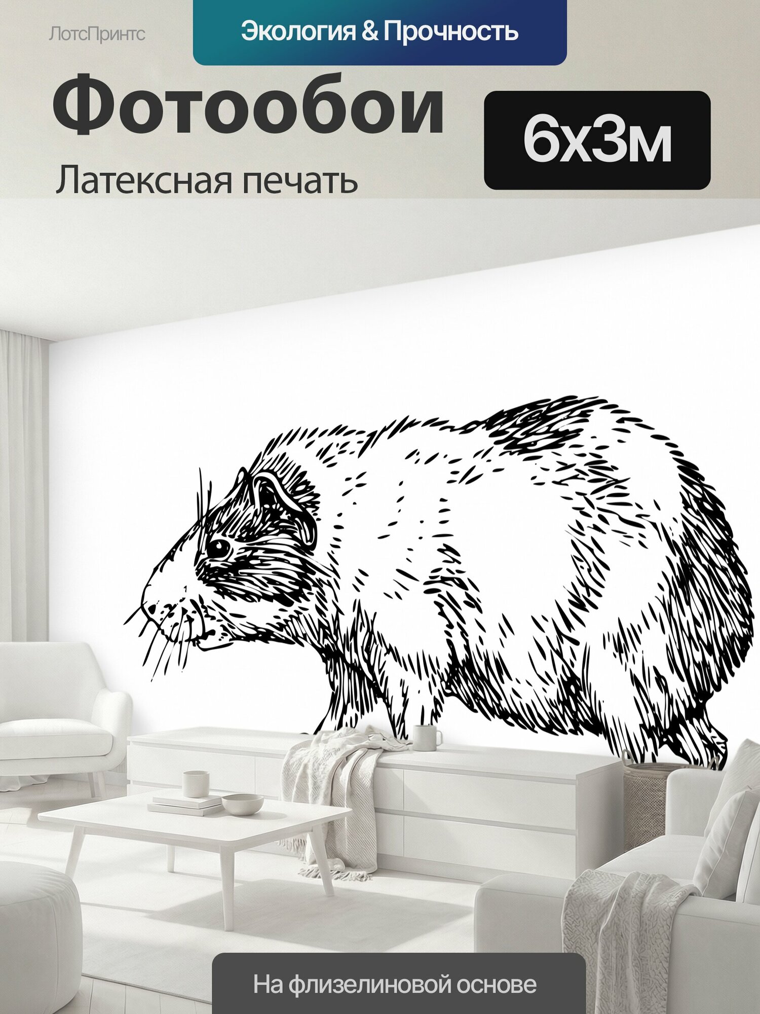 Фотообои моющиеся ударопрочные "Guinea Pig Иллюстрация Клипарт Иллюстрация иллюстрации морской свинки морская свинка свинка грызуны животные." 600x300 см. латексная печать
