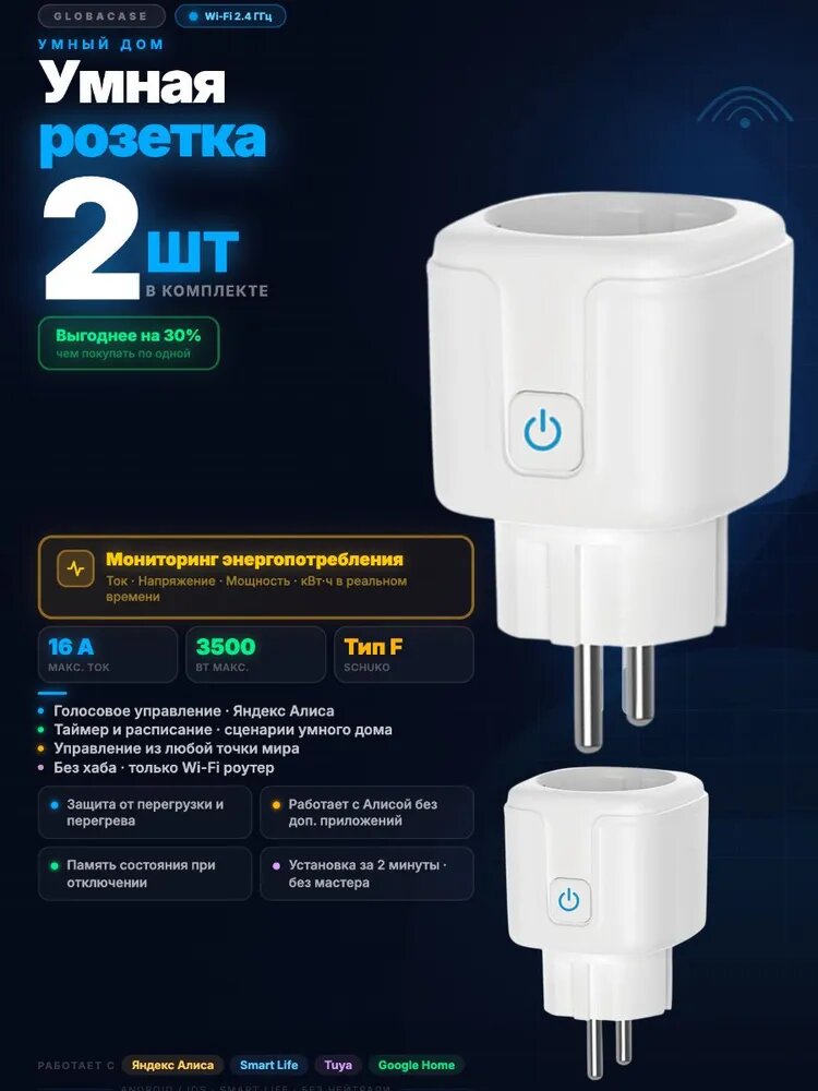 Умная беспроводная Wi-Fi розетка, 4 выхода управление smart-life, таймер, 16А, с отслеживанием энергопотребления