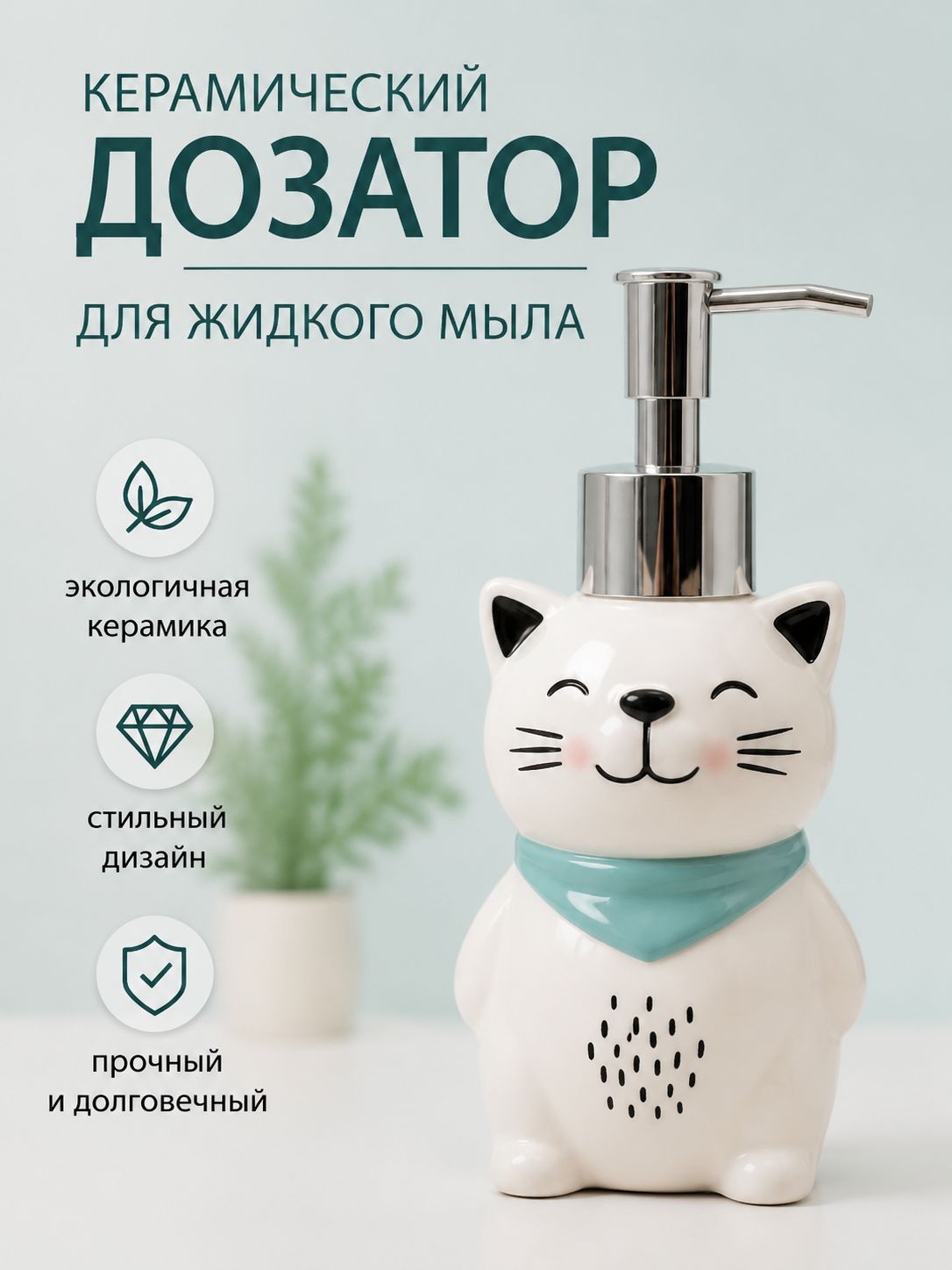 Дозатор керамический для жидкого мыла и моющих средств на кухню и в ванную / Кот