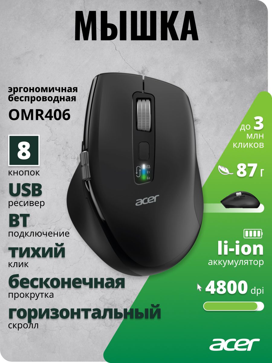 Мышь Acer OMR406 черный оптич. 4800dpi беспров. BT/Radio USB 8but (ZL. MCEEE.02W)