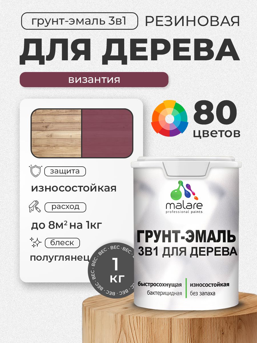 Резиновая Грунт-Эмаль 3 в 1 Malare для деревянных поверхностей/ краска по дереву с антисептическим эффектом/ быстросохнущая моющаяся без запаха полуглянцевая, византия, 1 кг