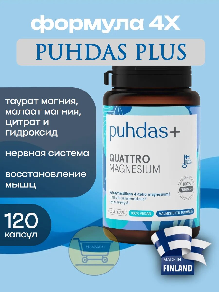 Магний PUHDAS+ QUATTRO MAGNESIUM 120 капсул (Финляндия)