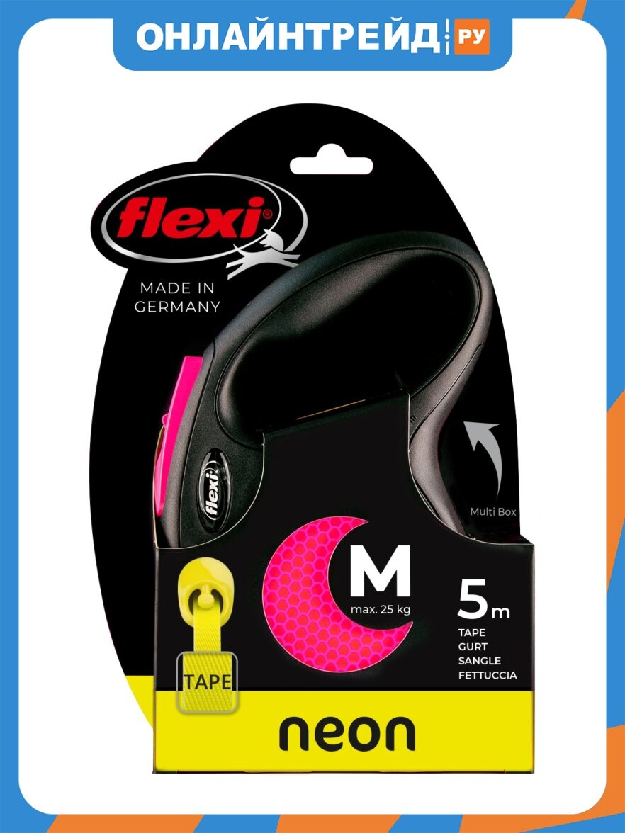 Поводок-рулетка Flexi New Neon tape M, 5 м, 25 кг, розовый