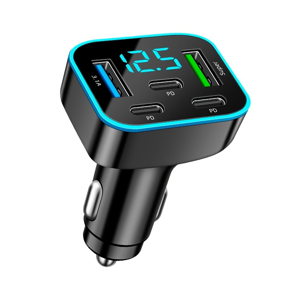 Автомобильное зарядное устройство для прикуривателя 66 Вт, 5 портов (2 USB + 3 Type-C) с быстрой зарядкой, черный