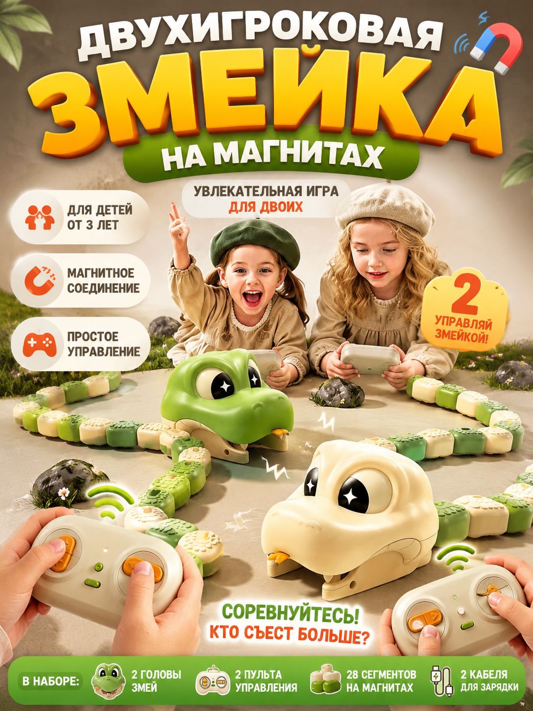 Умный Питон Интерактивная змейка на радиоуправлении-Магнитная сборка, подарок мальчику и девочке