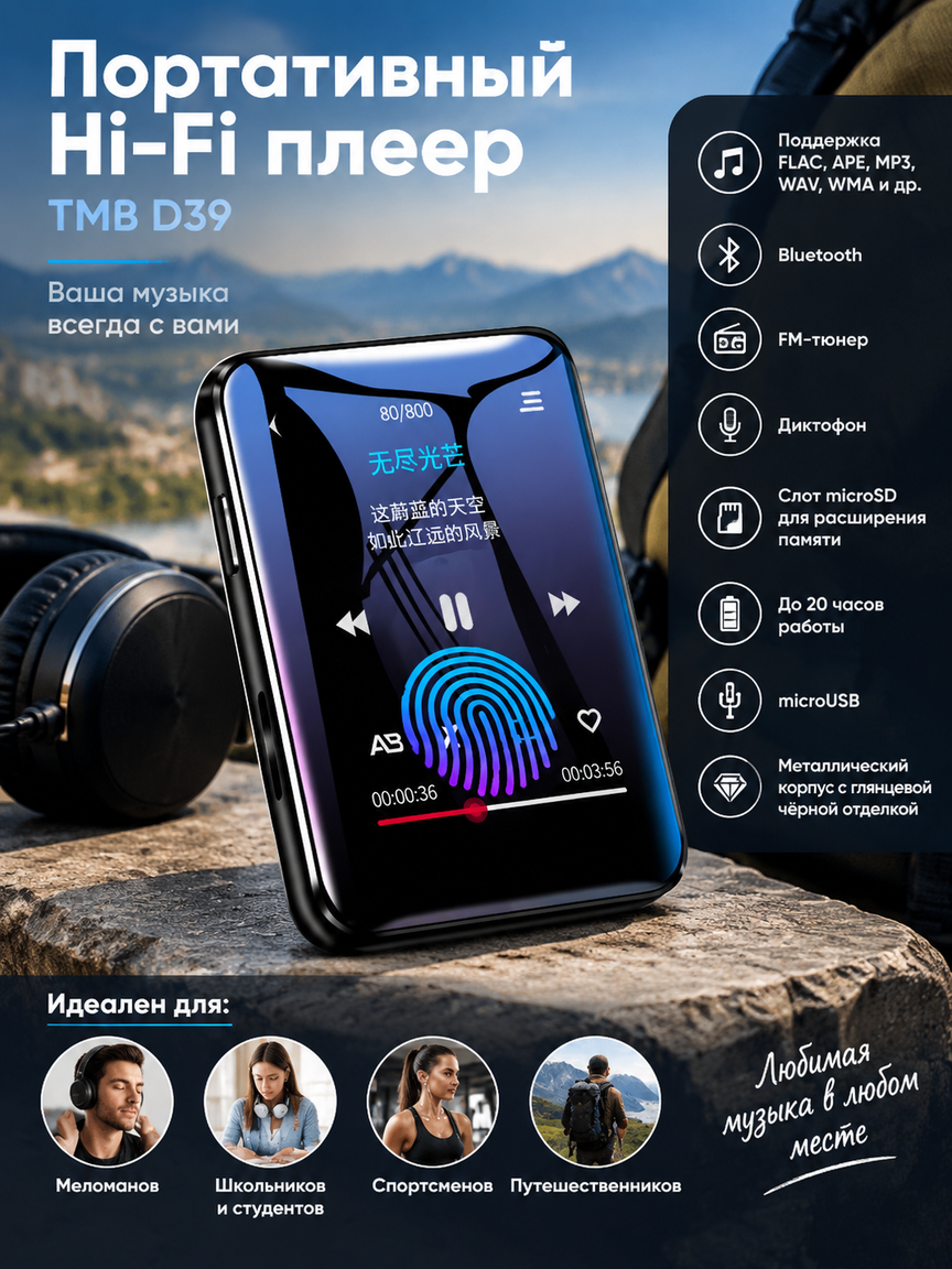 Портативный Hi-Fi плеер с сенсорным экраном, Bluetooth и FLAC, металлический корпус, microSD