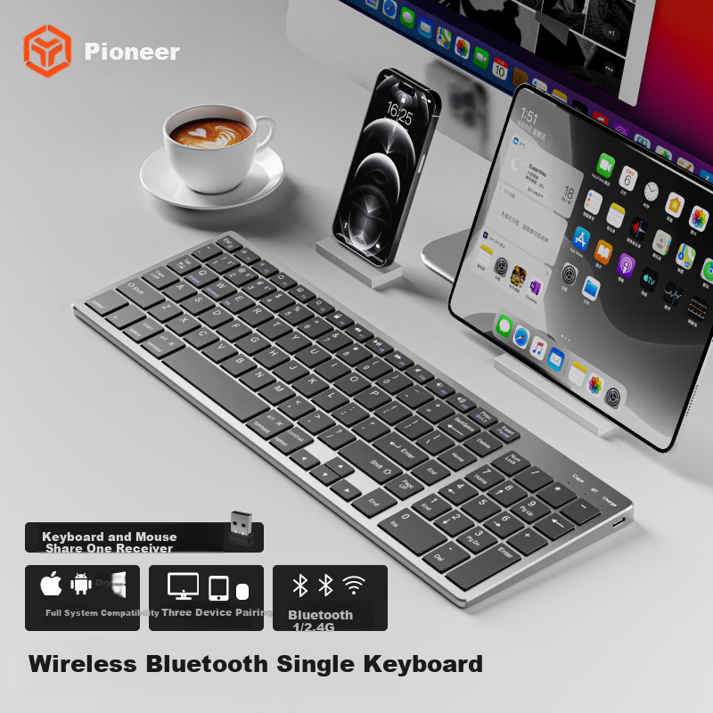 EWEADN Бесшумная беспроводная клавиатура с Bluetooth двойным режимом для ноутбука, настольного ПК и офиса, портативная,