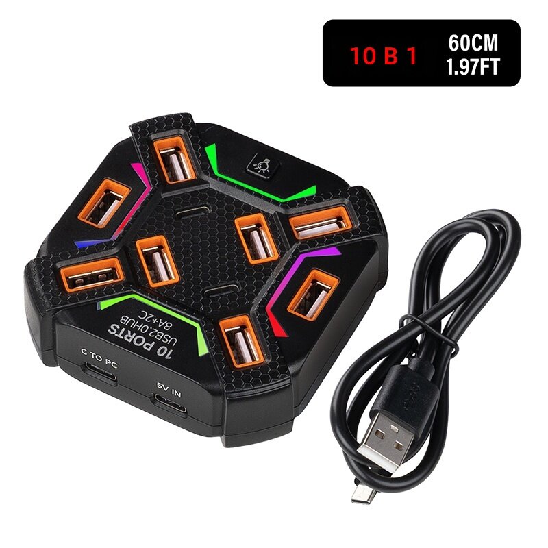 Разветвитель USB на 10 портов с RGB подсветкой и отдельными переключателями, без установки драйверов, черный, длина кабеля 60 см