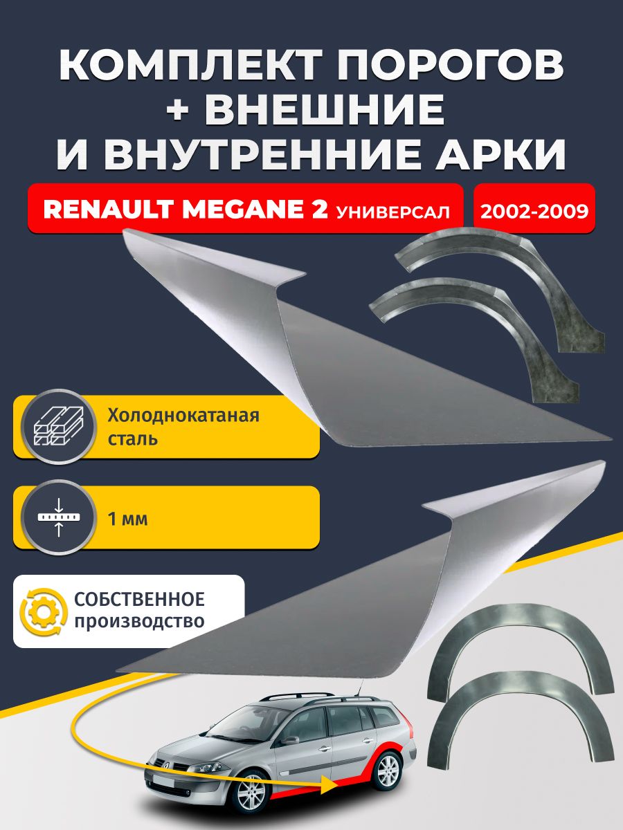 Комплект ремонтных задних внешних и внутренних арок (0,8 мм) + комплект стандартных ремонтных порогов , на Renault Megane 2 2002-2009 универсал (Рено Меган 2) Холоднокатаная сталь 1 мм