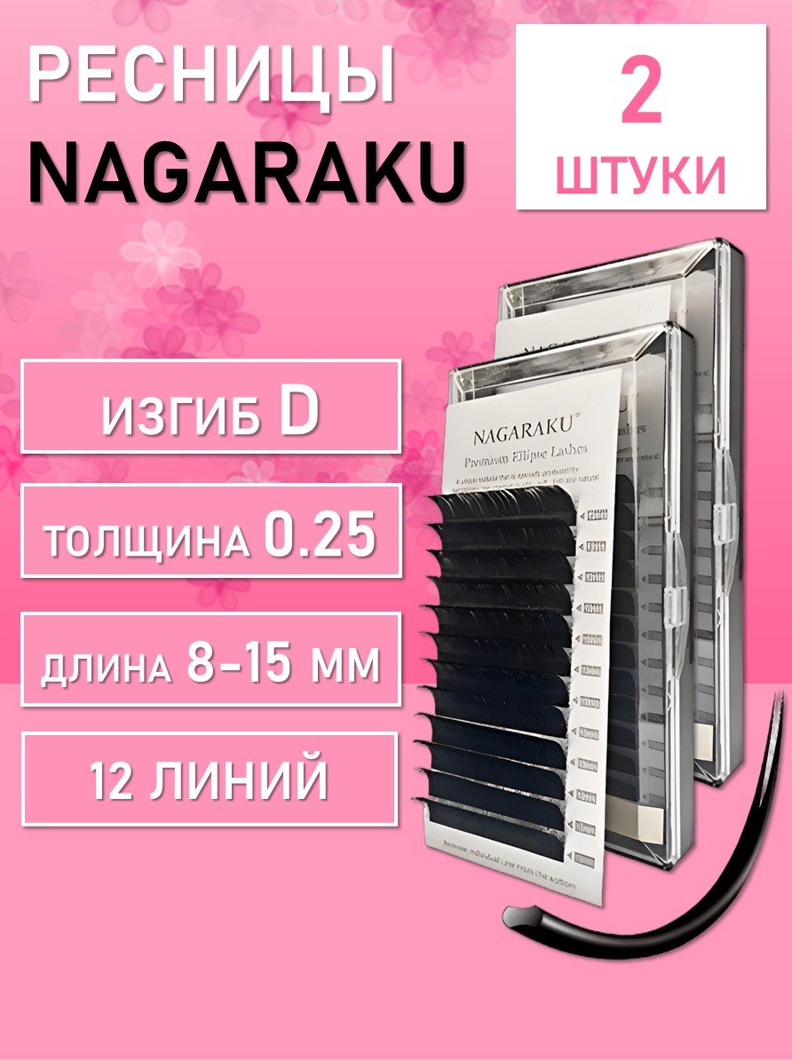 Ресницы черные NAGARAKU Premium Ellips D, 0.25, 8-15 mm 2 шт