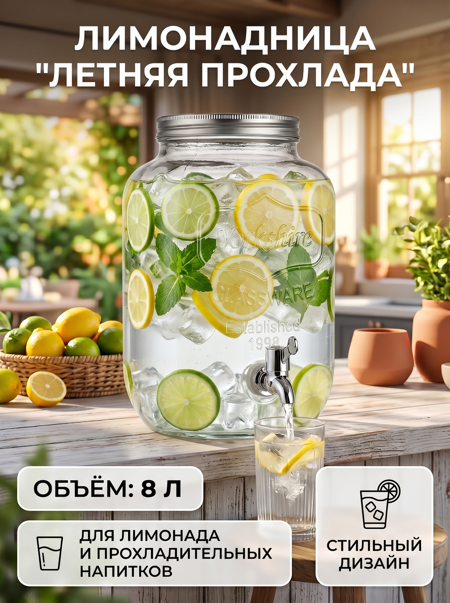 Лимонадница 8л «Летняя прохлада», стеклянная, с краном, для напитков