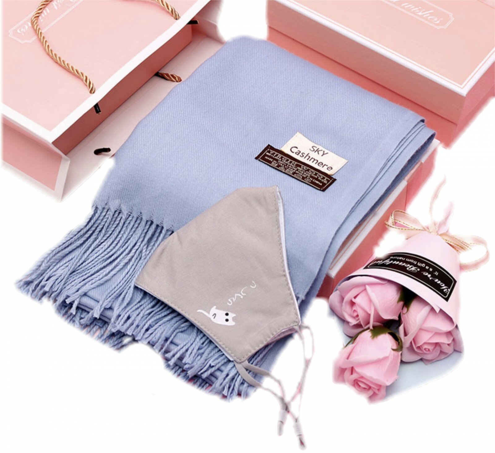 Подарочный набор MyPads кашемировый шарф голубой, маска и букет из мыльных роз