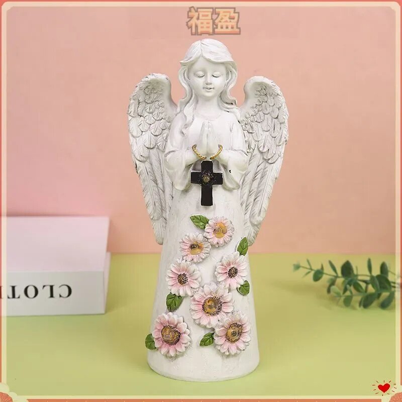Фигурка садовая Ангел с крестом и цветами, ручная работа, белый