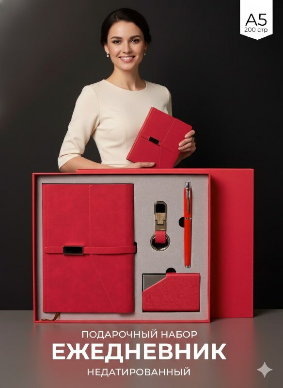 Подарочный набор ежедневник недатированный А5 и ручка, красный