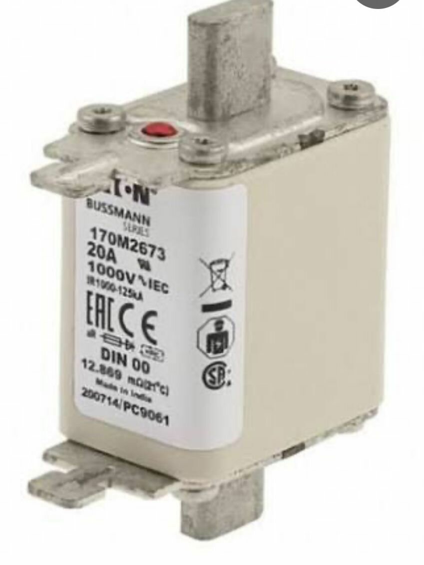 Предохранитель BUSSMANN 170M2673 Предохранитель быстродействующий с характеристикой AR 20А 1000В AC DIN00