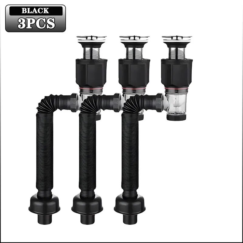 Складной слив для раковины с фильтром, Black-3pcs