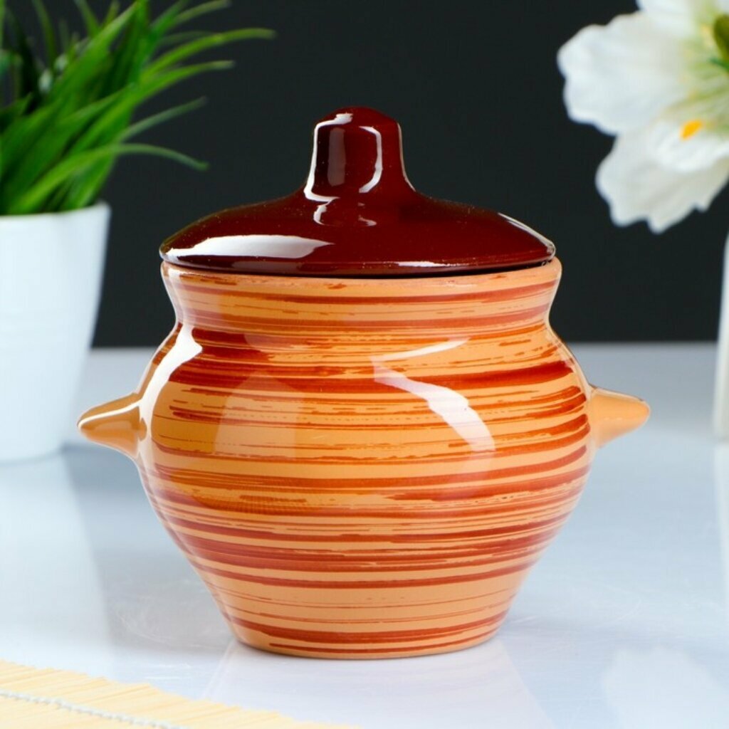Горшок для запекания Борисовская керамика 0.5 л с крышкой и ручками, модель №5, круглый керамический горшочек для духовки