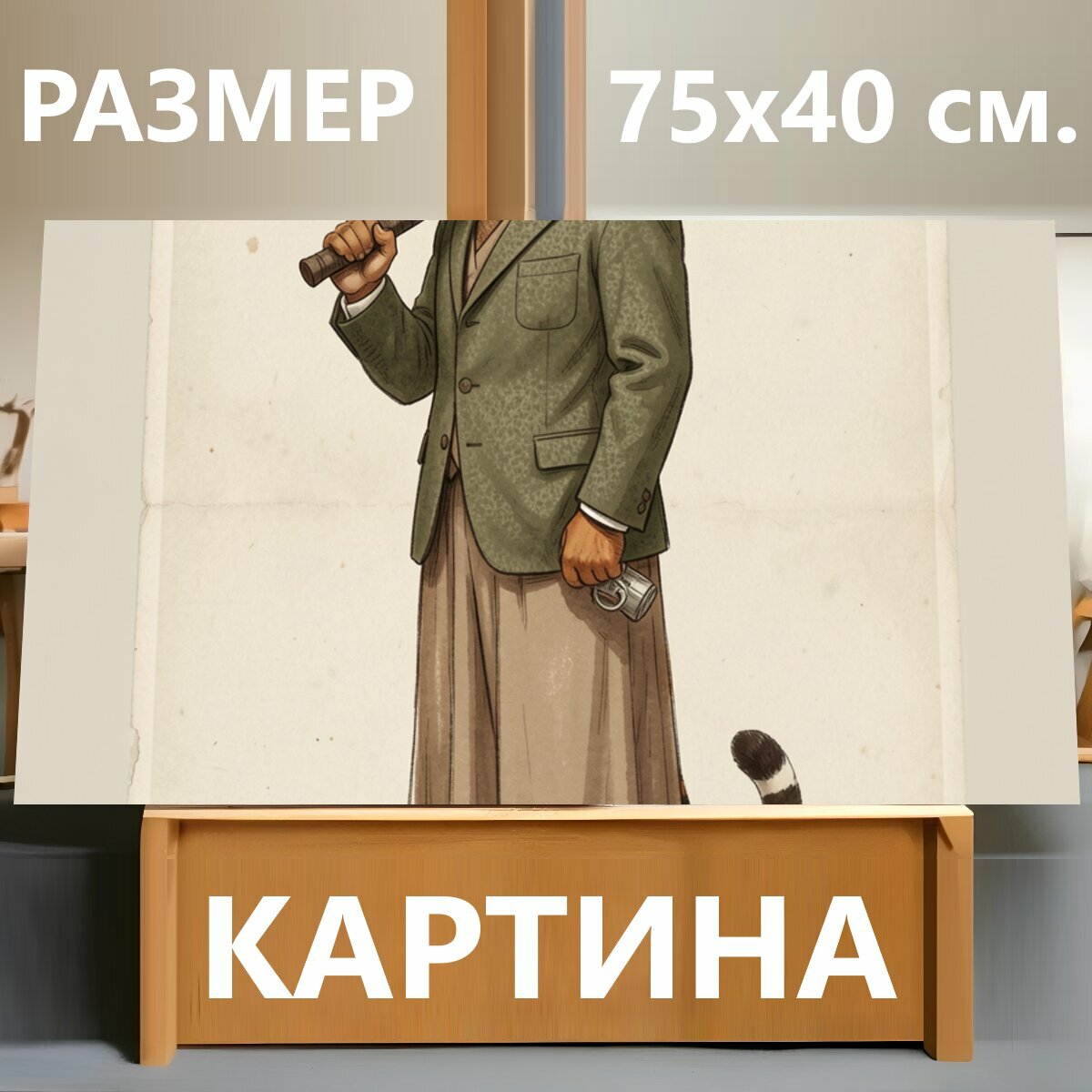 Картина на холсте "Тигр в деловом костюме с ракеткой. Необычный антропоморфный хищник в винтажной иллюстрации: полосатая голова, строгий." на подрамнике 75х40 см. для интерьера