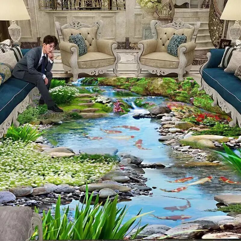 Ковер 3D 120 см с изображением живописного водопада и пруда с карпами кои для гостиной, спальни, коридора, зеленый — фото 1