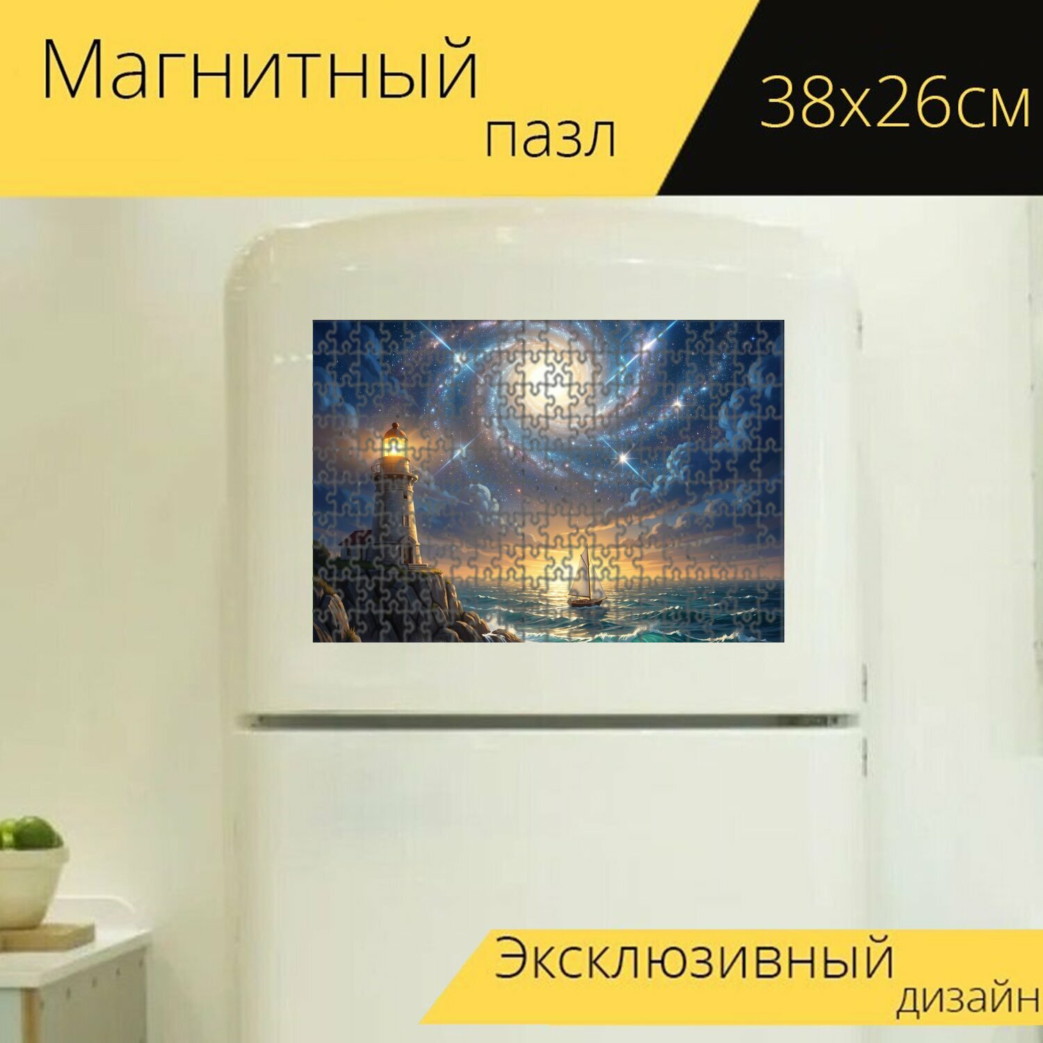 Магнитный пазл "Маяк, море и галактика. Фантазийный морской пейзаж с одиноким светилом на скале, парусником и волнами на закате. В небе сияет спиральная." для интерьера, 38х26 см.