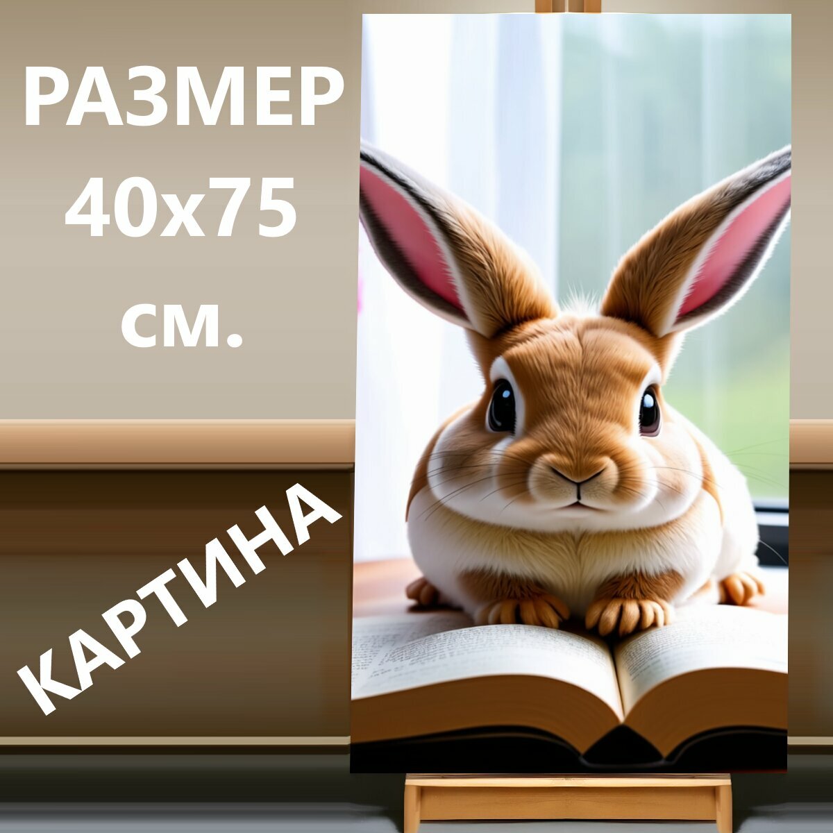 Картина на холсте "Милый кролик с длинными ушами лежит на открытой книге, на фоне окна с прозрачными шторами, рядом розовые цветы" на подрамнике 75х40 см. для интерьера