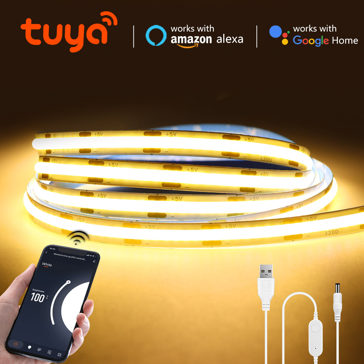 Умная LED лента COB 5V WiFi (Tuya) водонепроницаемая подсветка для стен, шкафов и спальни (320 светодиодов/м, силиконовая трубка, IP65)